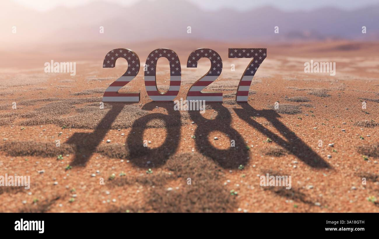 Llustration der Jahresziffern 2027 mit Flaggenstruktur und fallendem ...