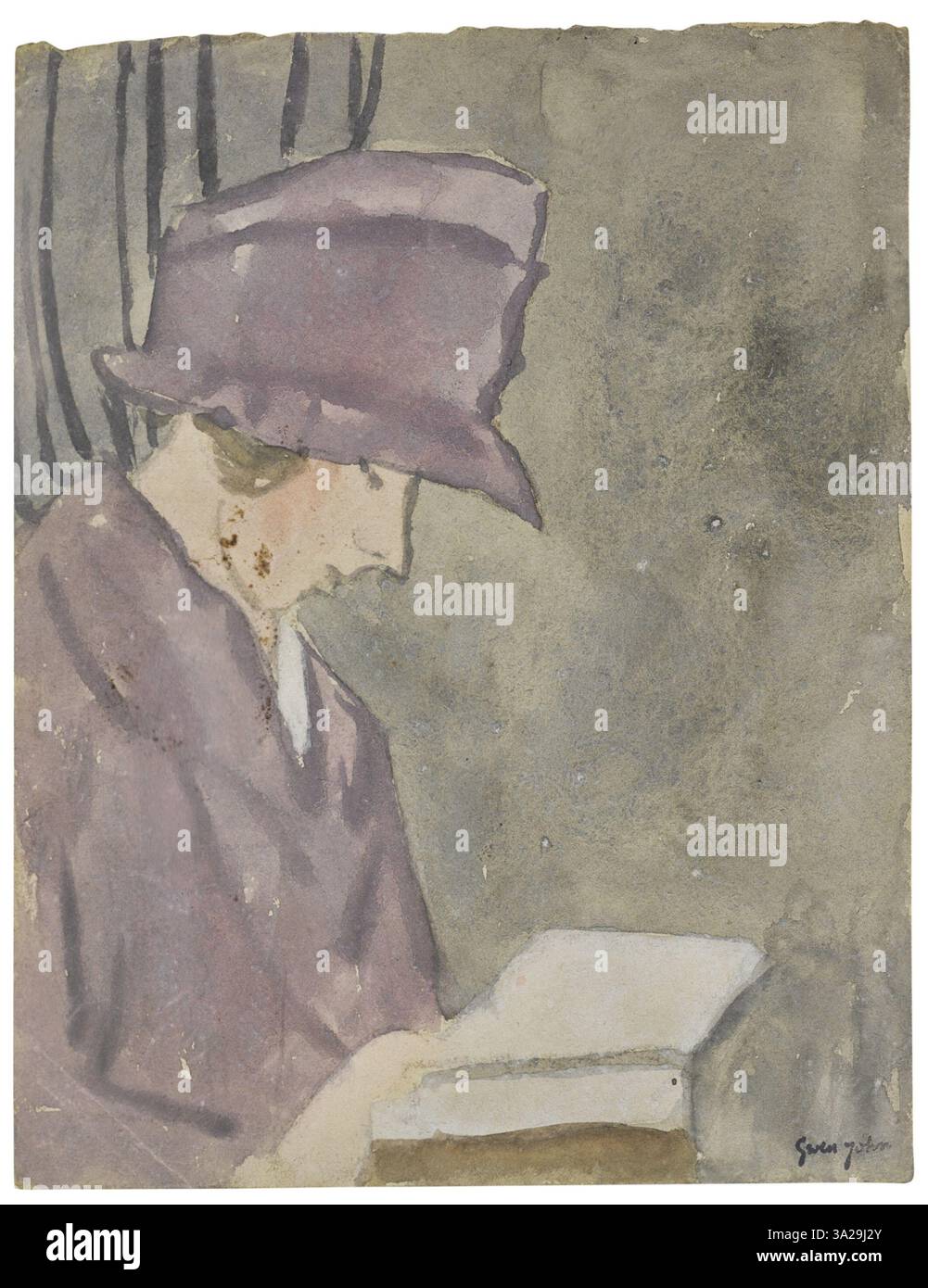 Dieses Kunstwerk zeigt eine Frau, die in ein Buch vertieft ist und einen ruhigen, intimen Moment ...