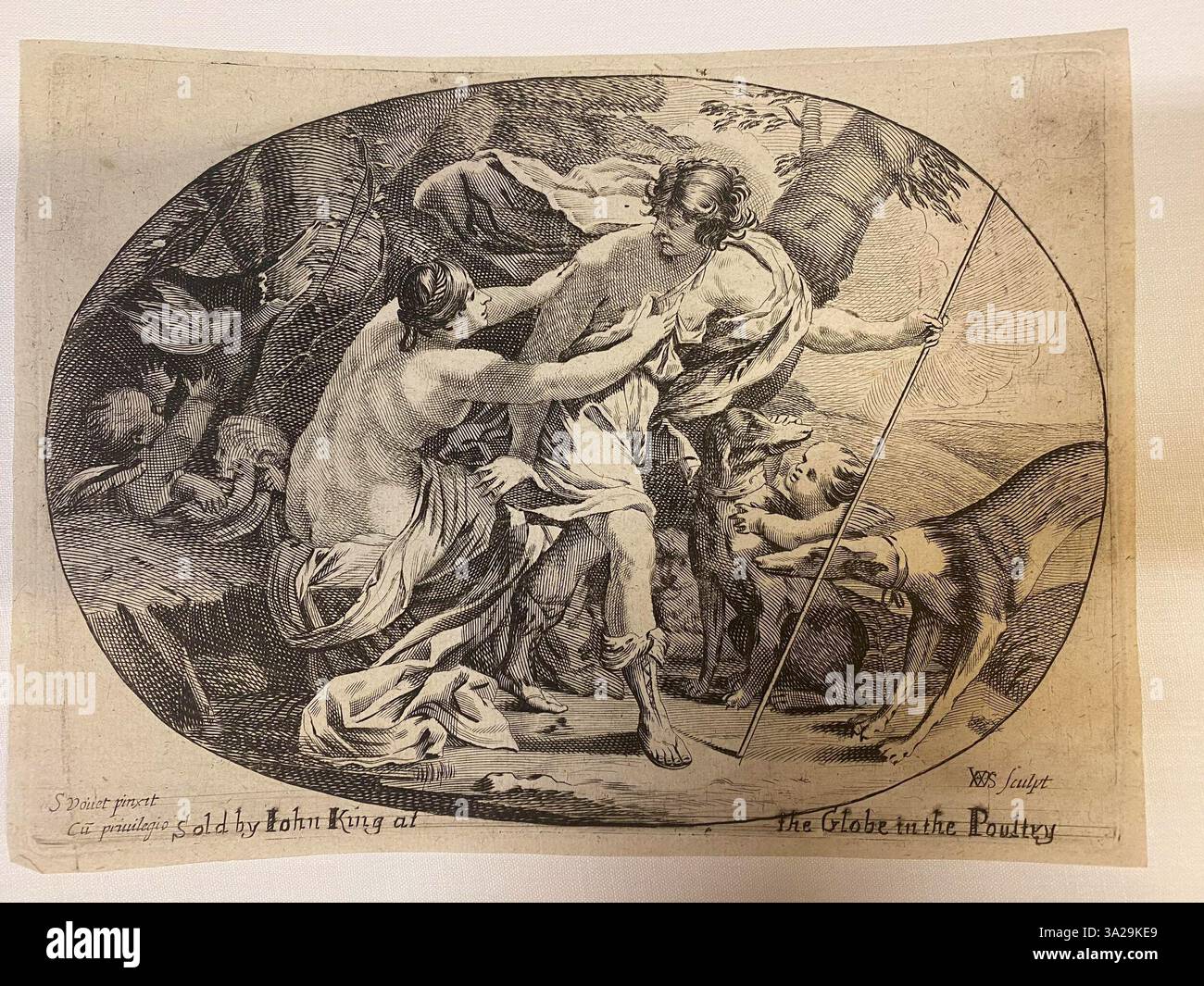 Die Szene zeigt Venus und Adonis, wobei Venus ihre Arme in einer Geste ...