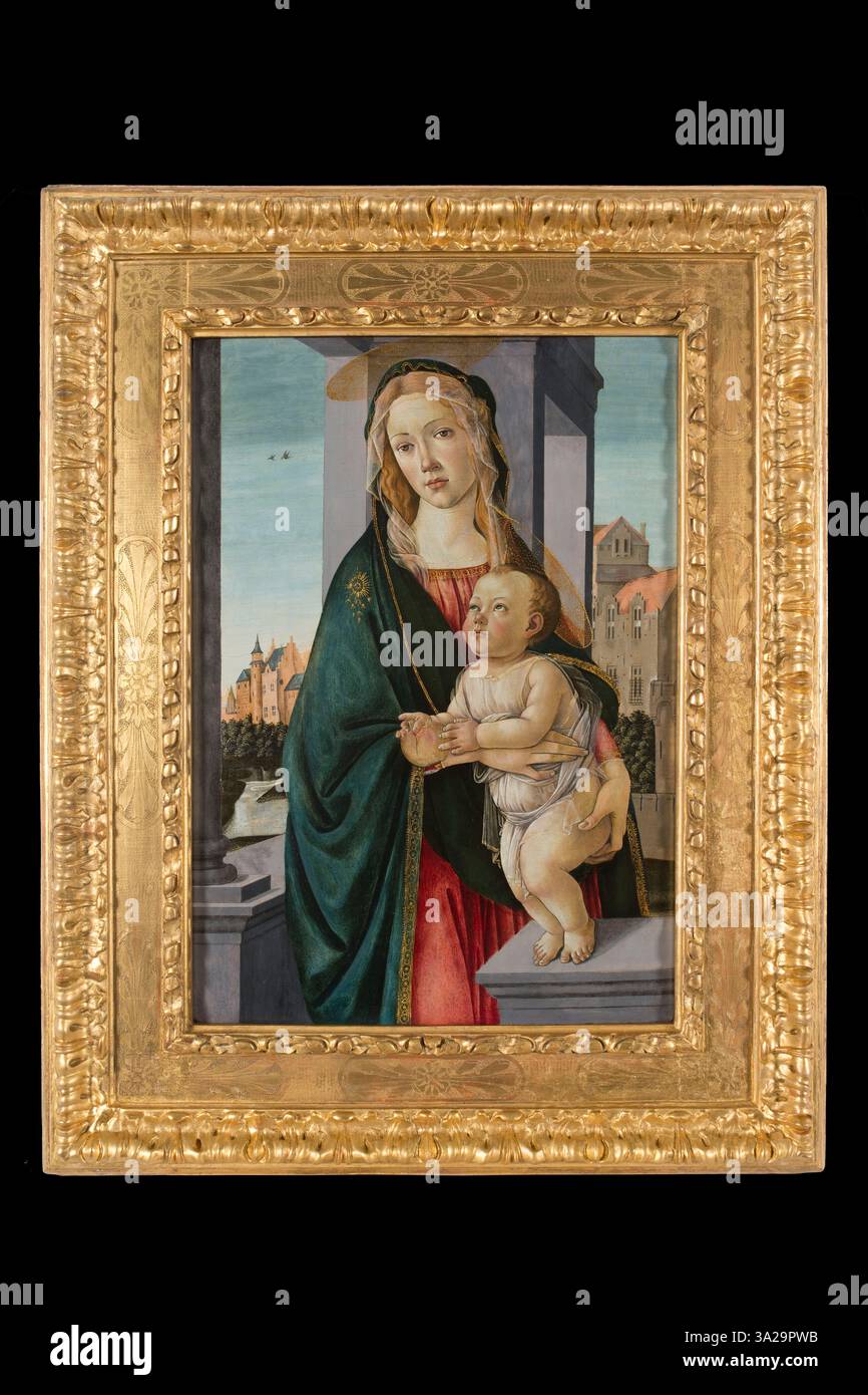 Dieses Gemälde aus der Schule Botticelli zeigt die Madonna mit dem Jesuskind, ein klassisches ...