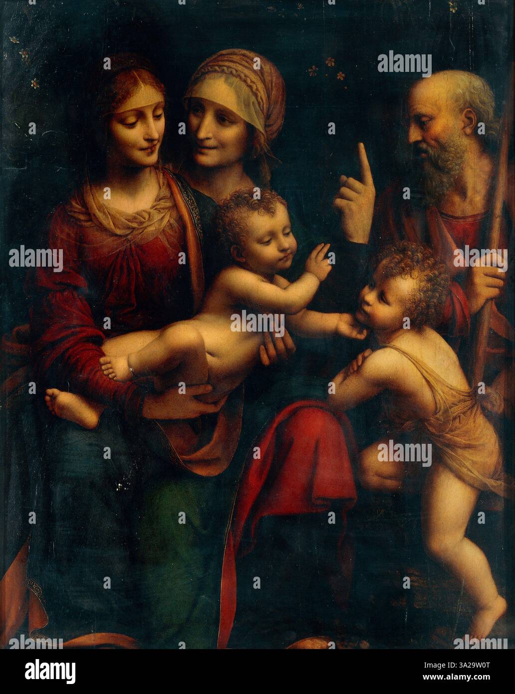Dieses Gemälde von Bernardino Luini zeigt die Heilige Familie mit der Heiligen Anna und dem ...