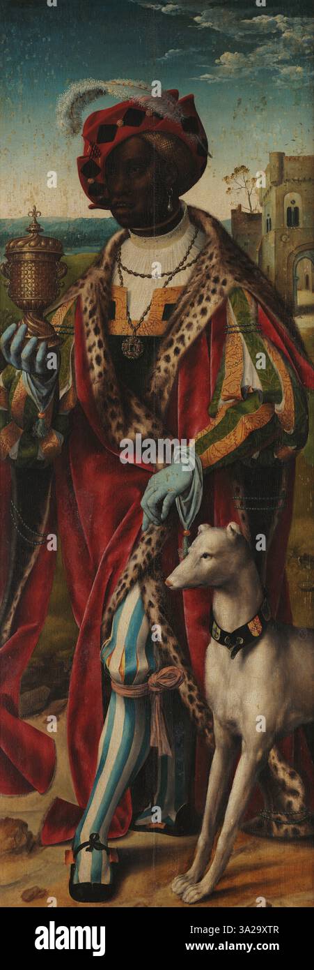 Dieses Gemälde von Joos van Cleve zeigt die Anbetung der Könige auf dem rechten Flügel eines ...