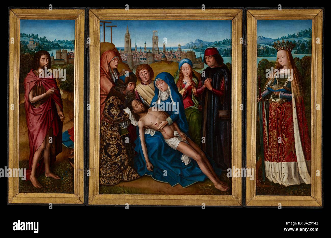 Dieses Triptychon des Meisters der Legende der Heiligen Lucy zeigt die Klage Christi und zeigt ...