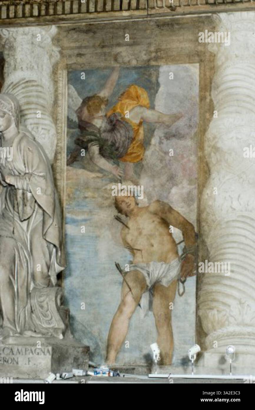 Das Martyrium des heiligen Sebastian ist in diesem eindrucksvollen Bild dargestellt, das ihn von ...