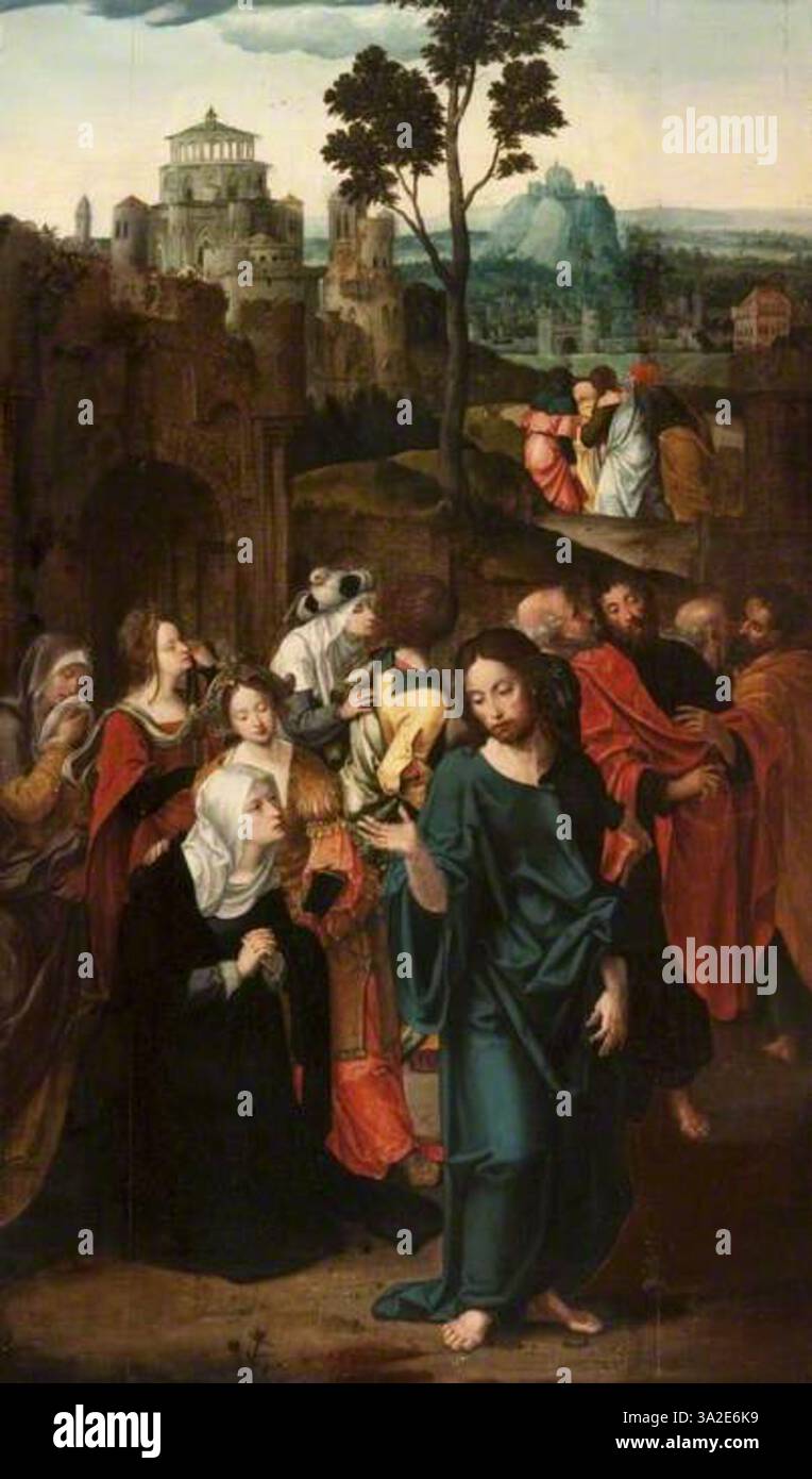 Dieses Gemälde, das Pieter Coecke van Aelst zugeschrieben wird, zeigt Christus, der sich vor ...