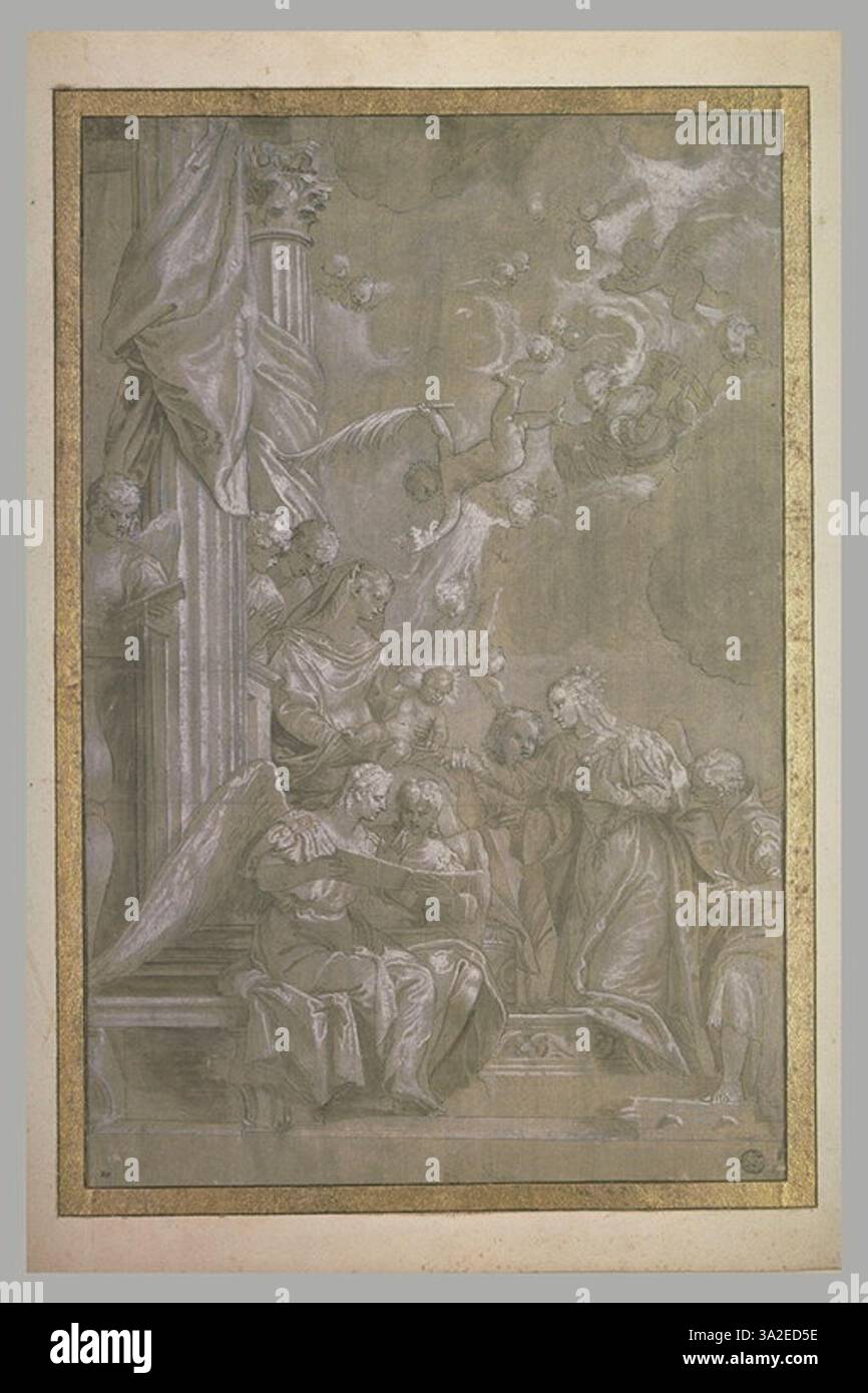 Dieses zugeschriebene Werk zeigt Engel, die die Heirat der heiligen Katharina von Alexandria ...