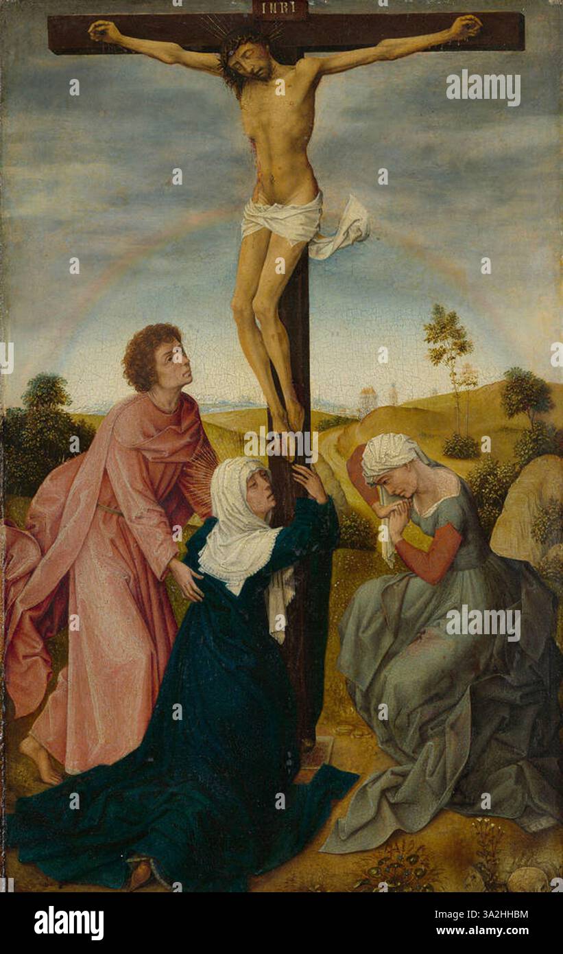 Dieses Werk, das dem Kreis von Rogier van der Weyden zugeschrieben wird, zeigt Christus am Kreuz ...