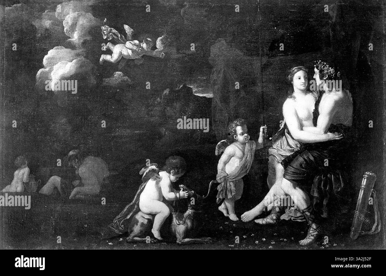 *Venere e Adone* von Nicolas Poussin zeigt die mythologische Geschichte von Venus und Adonis und ...