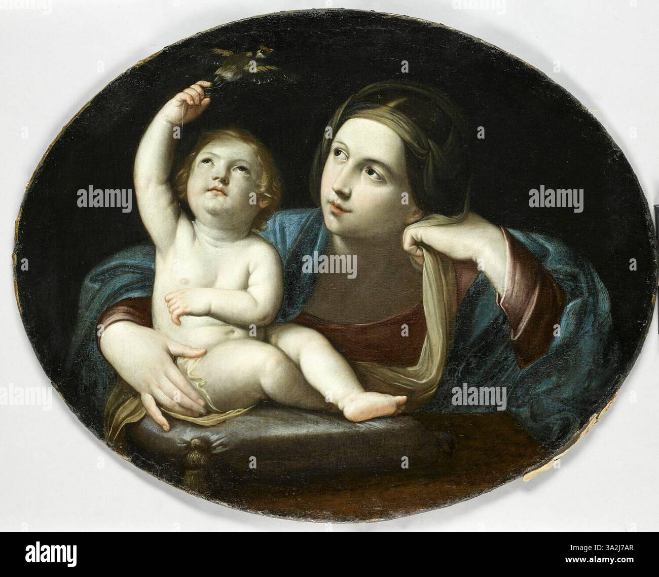 Guido Renis Gemälde zeigt die Jungfrau Maria mit dem Jesuskind, das mit einem Vogel spielt, und ...