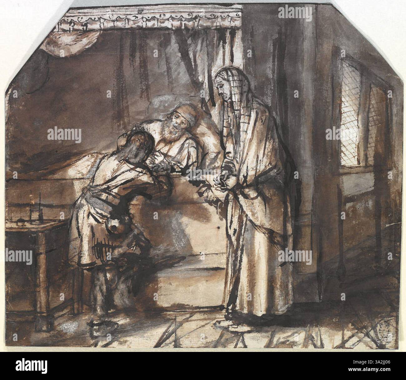 In dieser biblischen Szene zeigt Rembrandt Isaac, der Jakob segnet, und ...