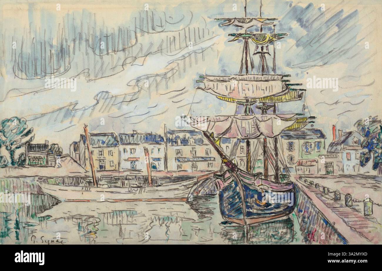 Dieses Gemälde von Paul Signac zeigt Schoner, die am Kai angedockt sind ...