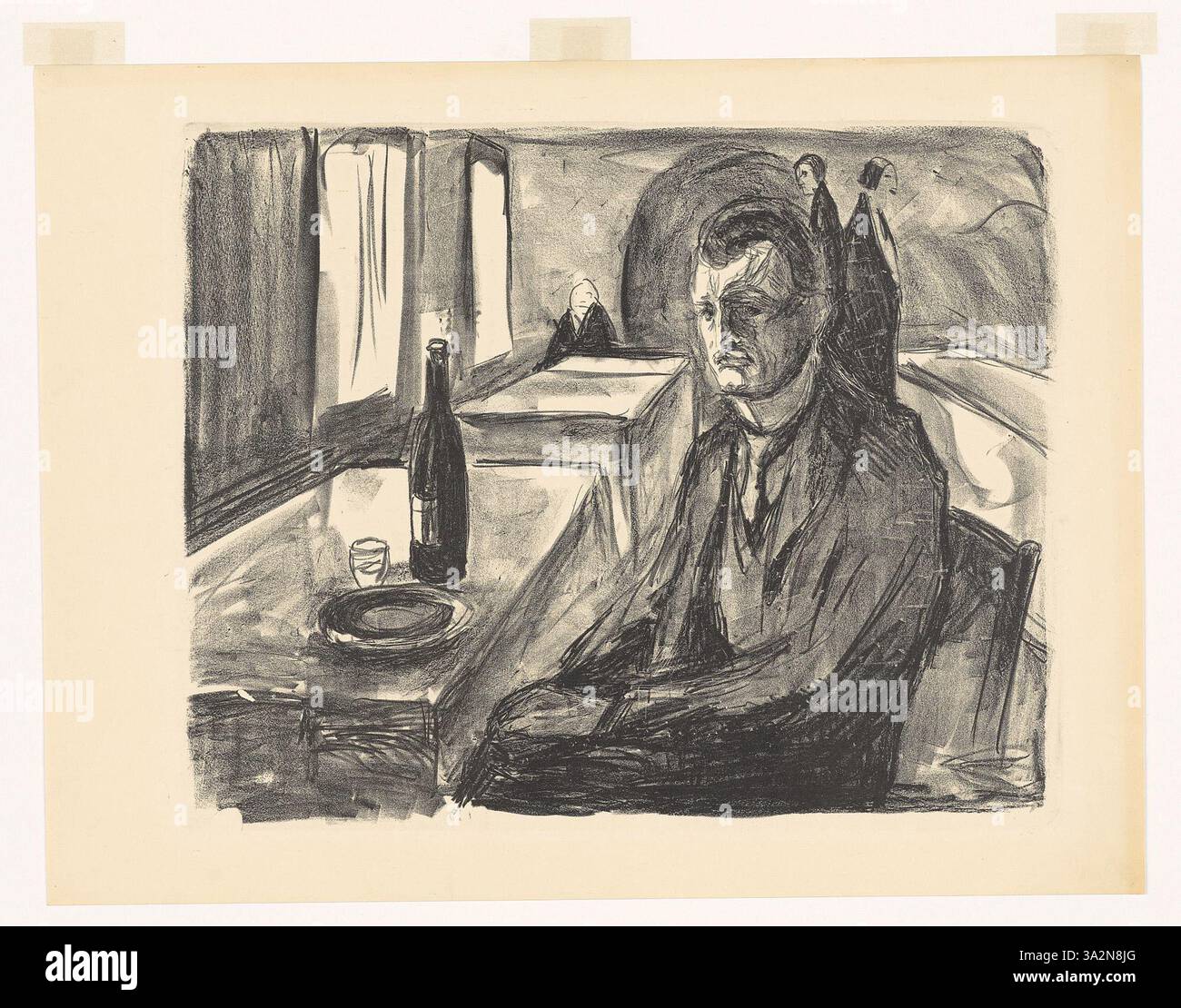 Dieses Selbstporträt zeigt Edvard Munch in der Hand einer Flasche Wein ...