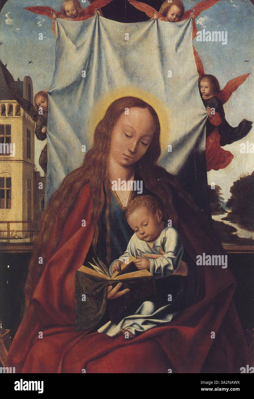 Diese halblange Darstellung der Jungfrau und des Kindes vom Meister des Morrison Triptychons ...