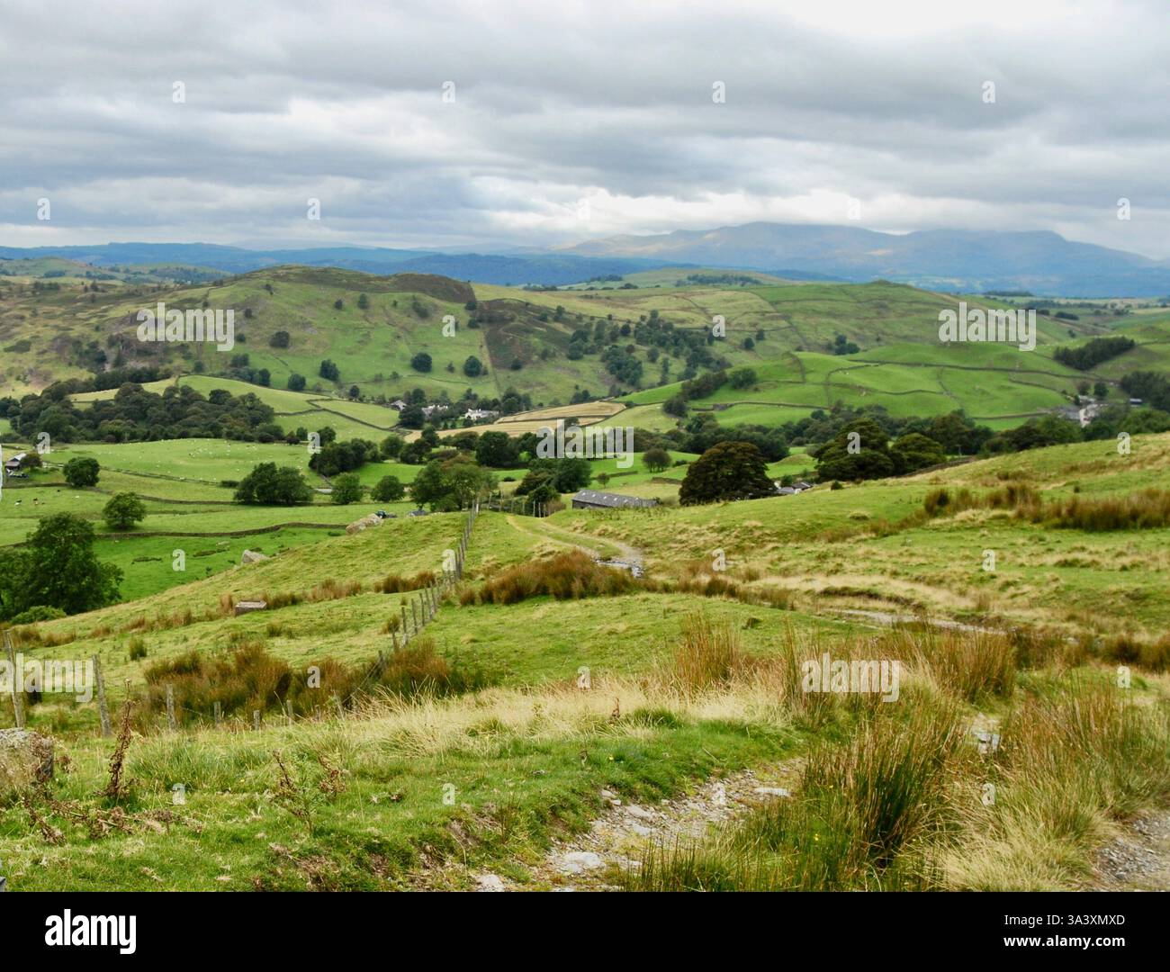 Das Foto zeigt die typische Landschaft rund um das Dorf Kentmere im ...