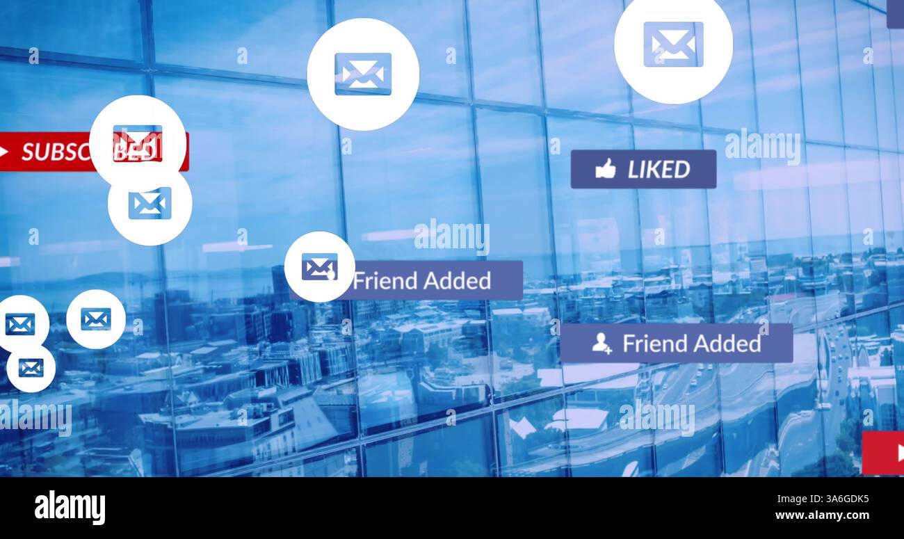 Bild fallender Social-Media-Ikonen und Emojis über dem Stadtbild ...
