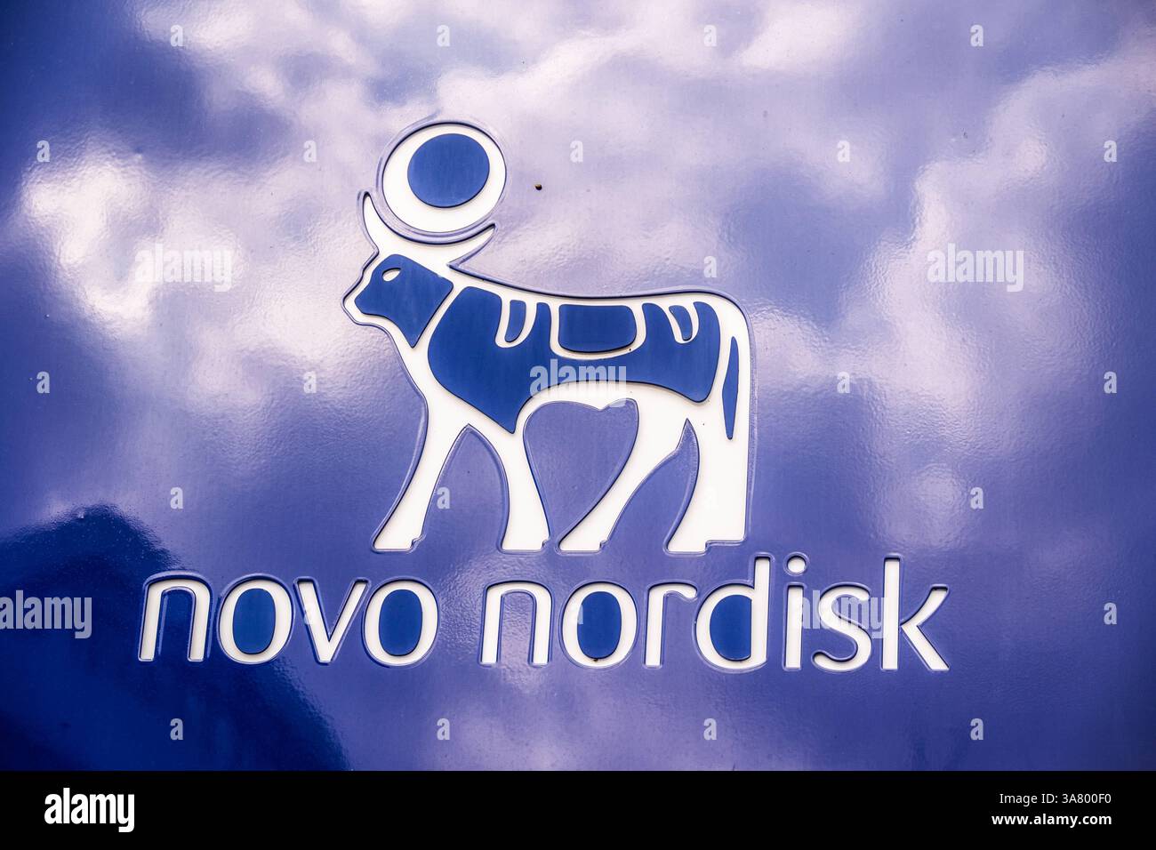 Eine Ansicht zeigt das Logo von Novo Nordisk A/S am Hauptsitz in Bagsvaerd, am Stadtrand von ...