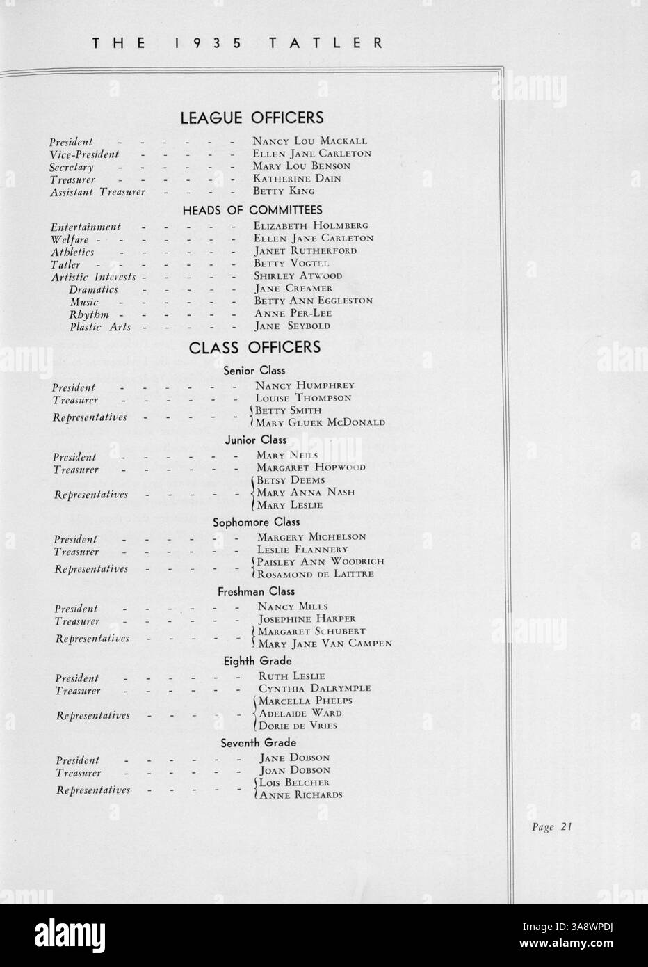 Die Ausgabe des Jahrbuchs „Tatler“ von Northrop Collegiate 1935 zeigt Schüler, Lehrer ...