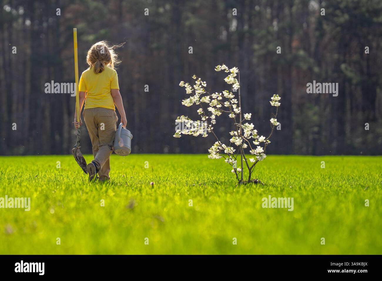 Ein Kind pflanzt einen Baum im Garten. Kind gräbt Erde mit Schaufel und ...