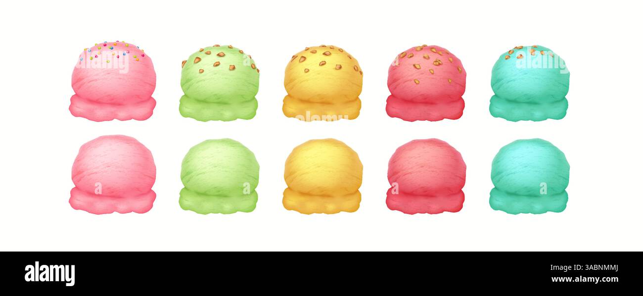 Zehn bunte Kugeln Eis mit Streuseln und Nüssen sind in Reihen ...
