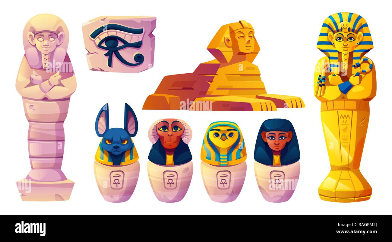 Antike ägyptische Statuen Set - Pharao Sarkophage und Figur, Sphinx ...