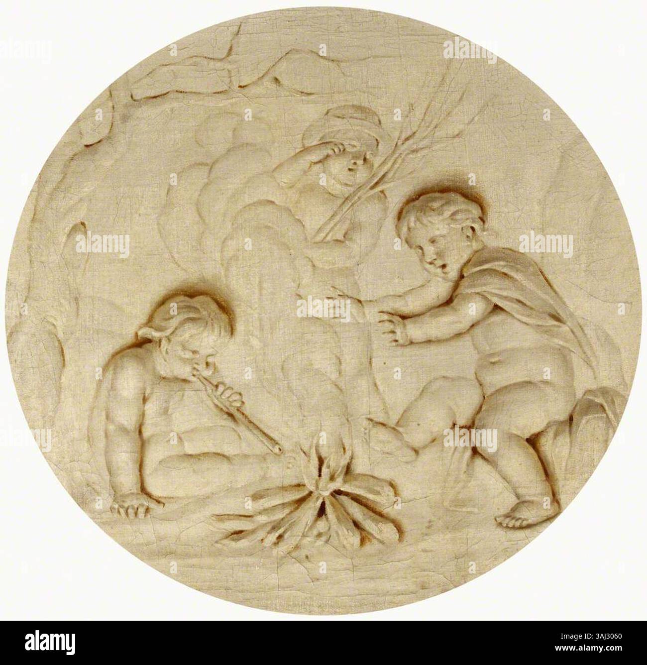 „Putti um ein Feuer, Winter“, gemalt im Stil von Francois Boucher, ist ...