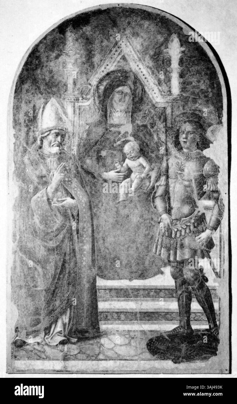 Ein Fresko aus den 1880er Jahren im Tabernacolo dei Teri, das Madonna und Kind von Taddeo Gaddi ...