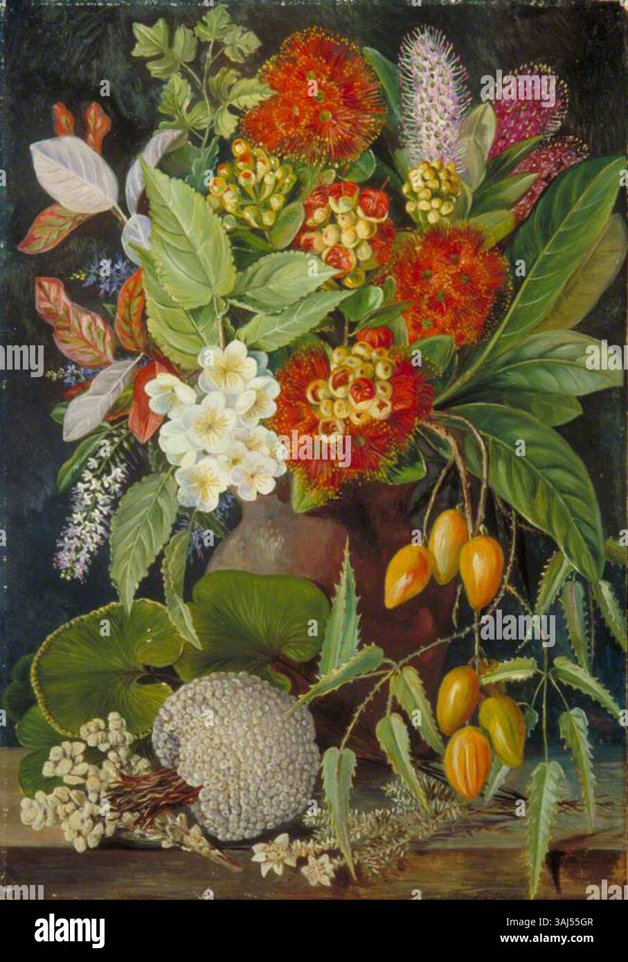 Marianne Nordens „New Zealand Flowers and Fruit“, die zwischen 1880 und 1882 gemalt wurde, zeigt ...