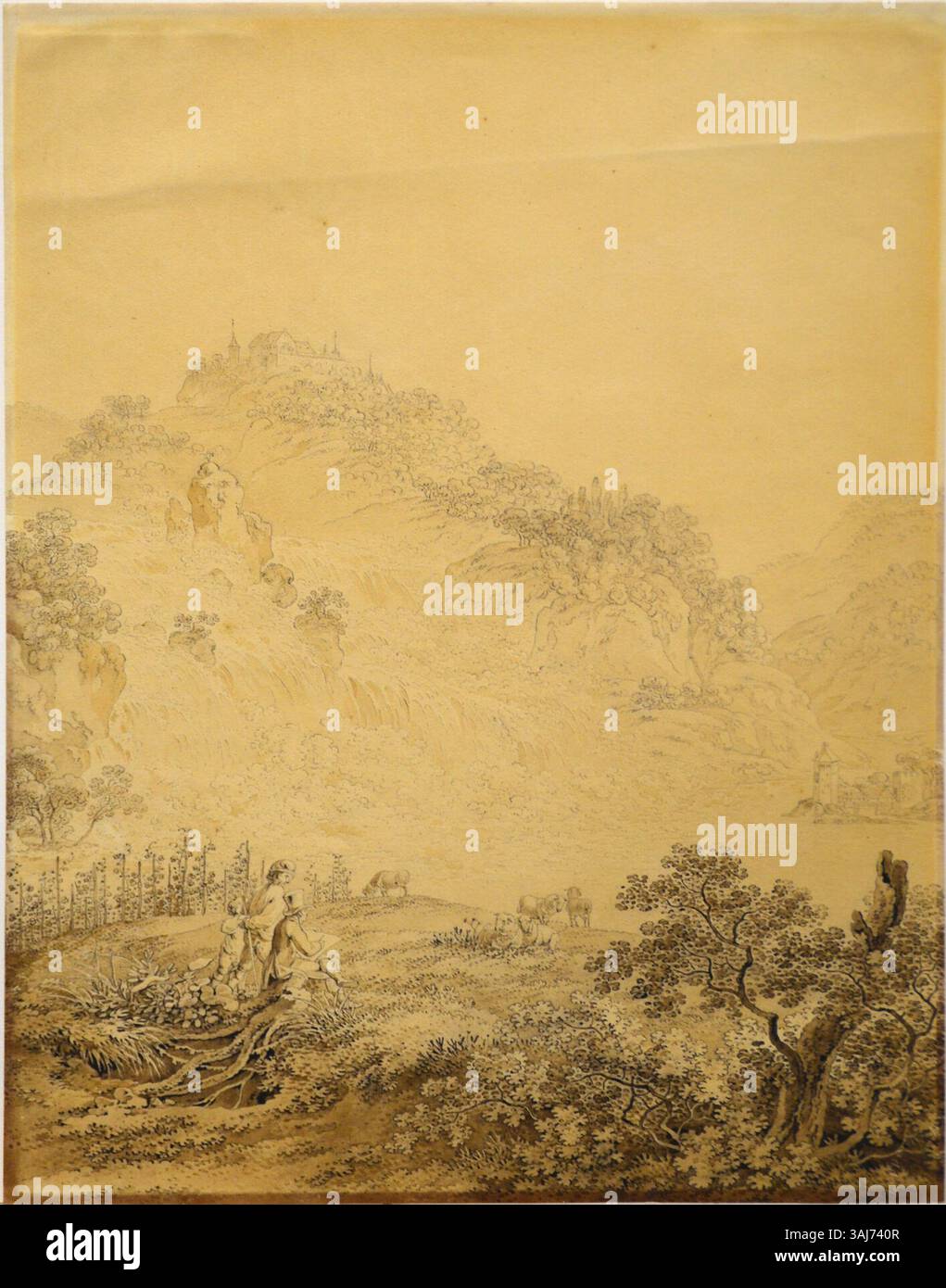 Zeichnung des Rheinfalls bei Schaffhausen mit Blick auf Schloss Lauffen ...