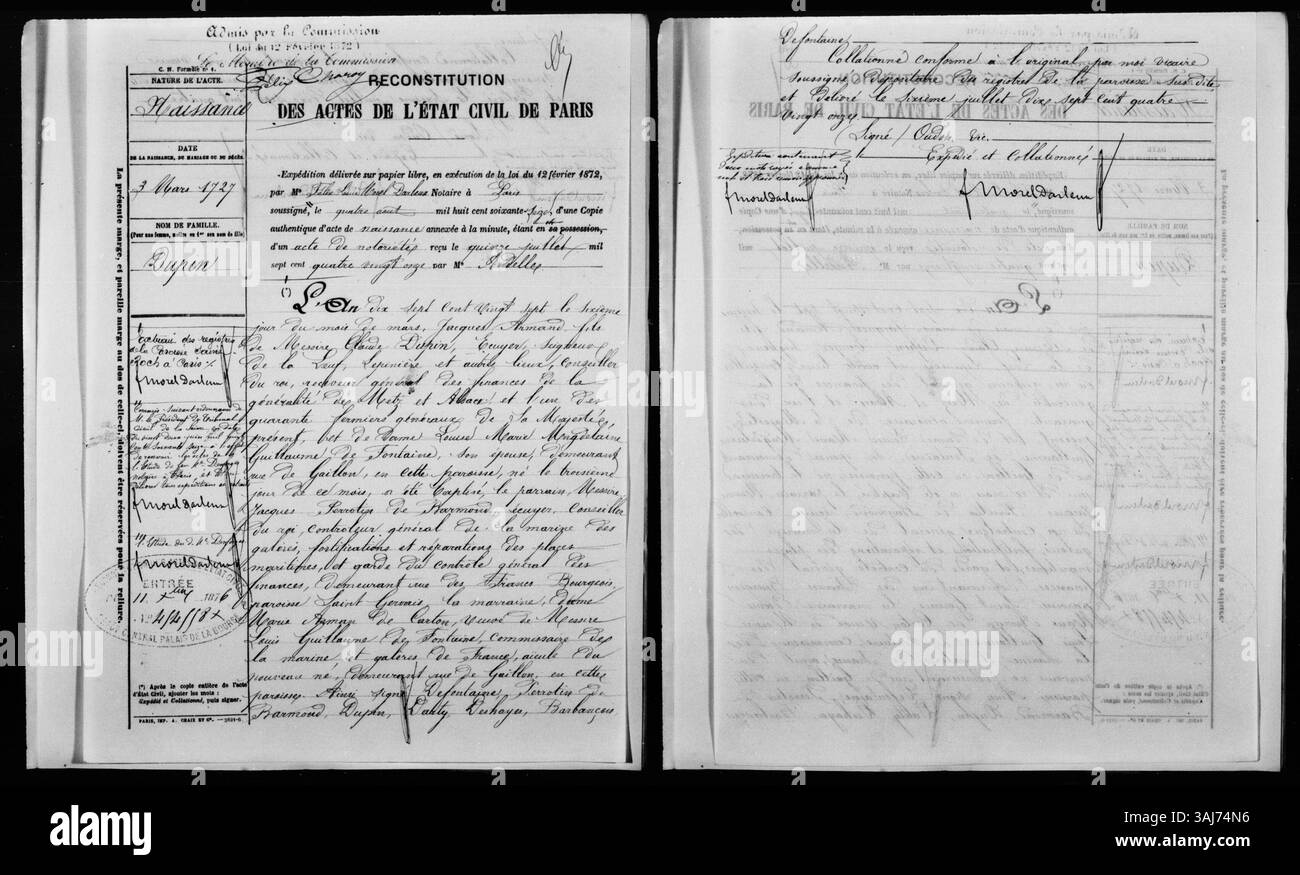 Diese Taufurkunde dokumentiert die Geburt von Jacques-Armand Dupin de ...