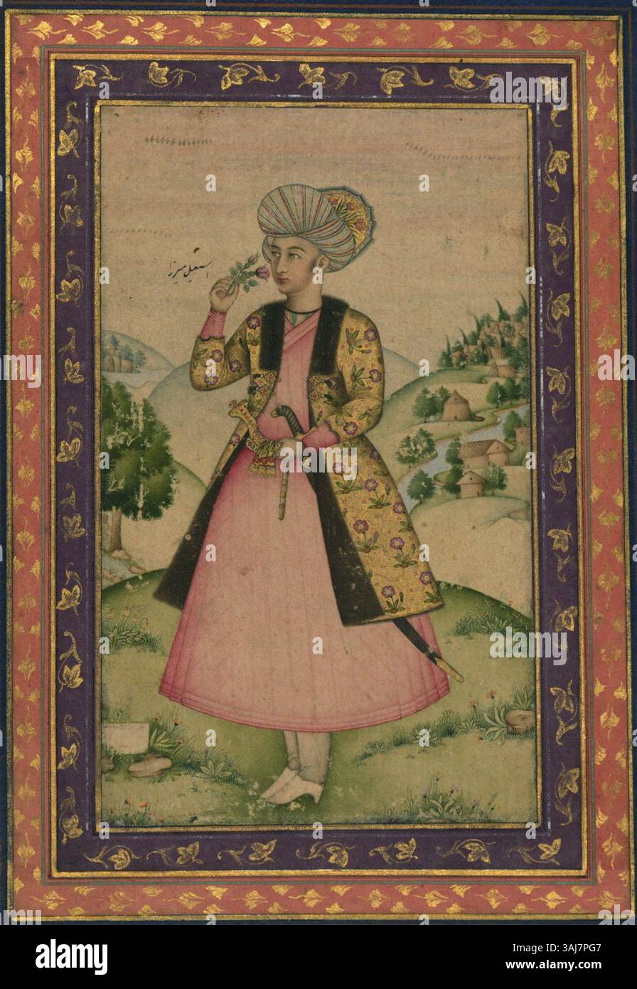 Dieses signierte Porträt von Shaykh Abbasi zeigt Ismail Mirza, den Sohn von Shah Abbas II. Aus ...