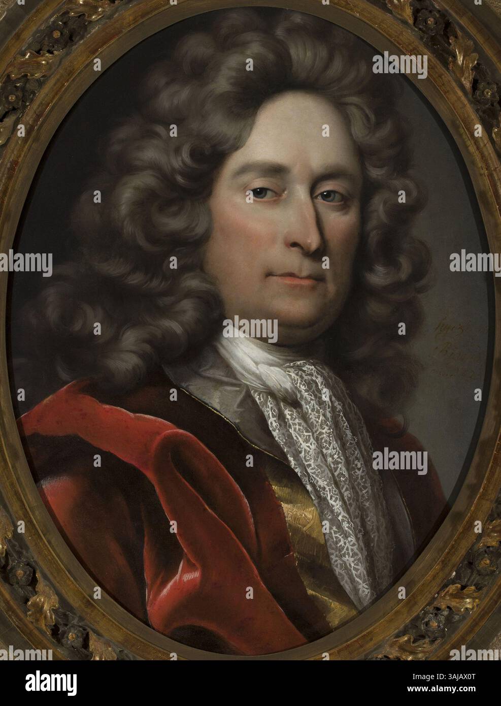 Dieses Porträt aus dem 18. Jahrhundert zeigt einen Mann, der eine graue Perücke trägt. Das Öl ...