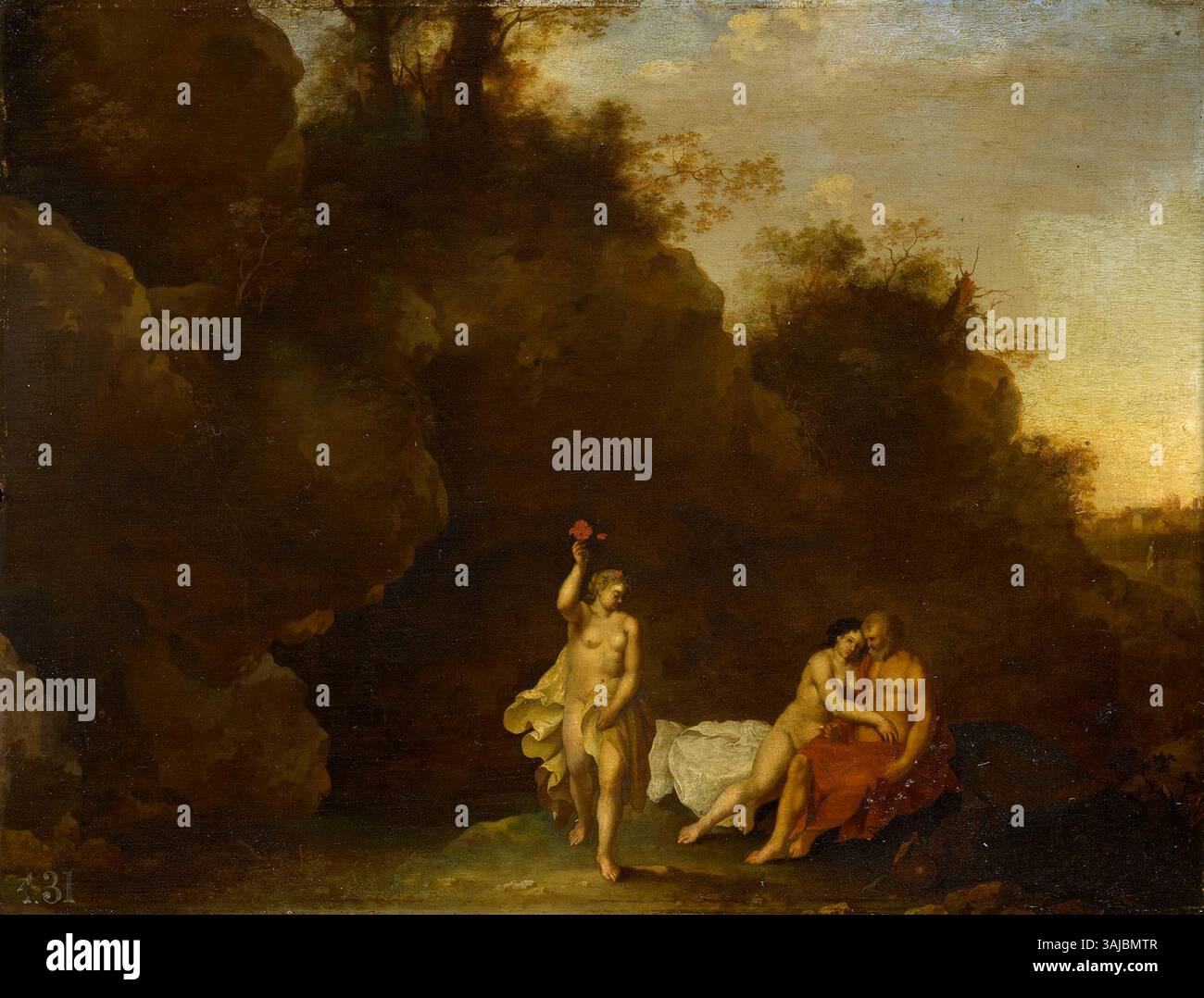 Dieses religiöse Gemälde im Stil von Cornelis van Poelenburgh zeigt die biblische Geschichte von ...