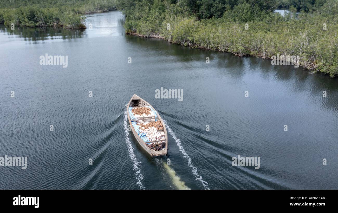 Blick aus der Vogelperspektive auf einen ruhigen Fluss mit einem Boot ...