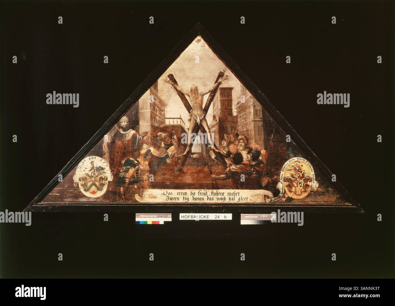 Dieses Gemälde zeigt die Kreuzigung des Heiligen Andreas, eines Apostels Jesu. Die Szene zeigt ...