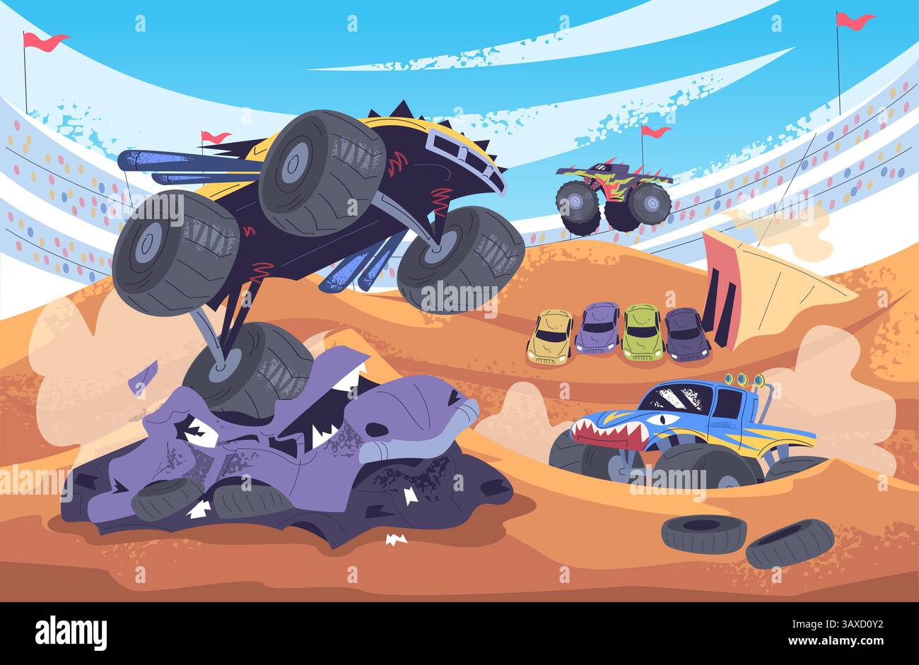 Monster Truck Show. Monstertruck Jump Stadion Arena, Cartoon 4x4 Trucks ...