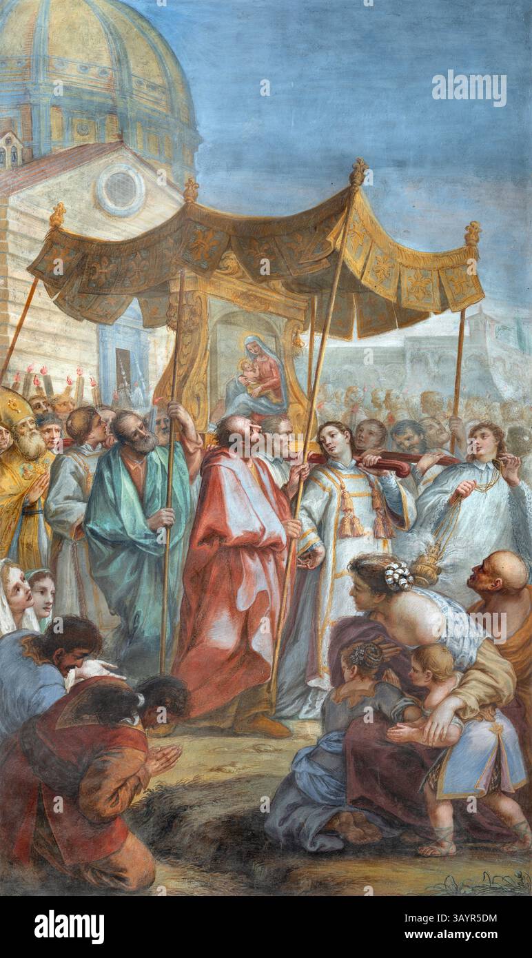 PISTOIA, ITALIEN - 16. MÄRZ 2025: Das Fresko der Prozession mit dem ...