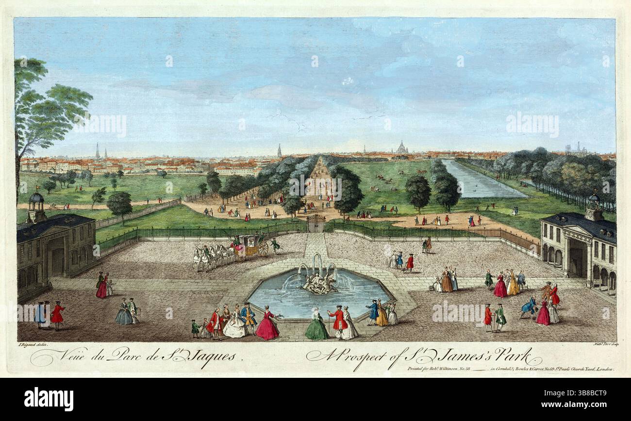 Ein gedruckter Farbstich der Aussicht auf den St James Park London in ...