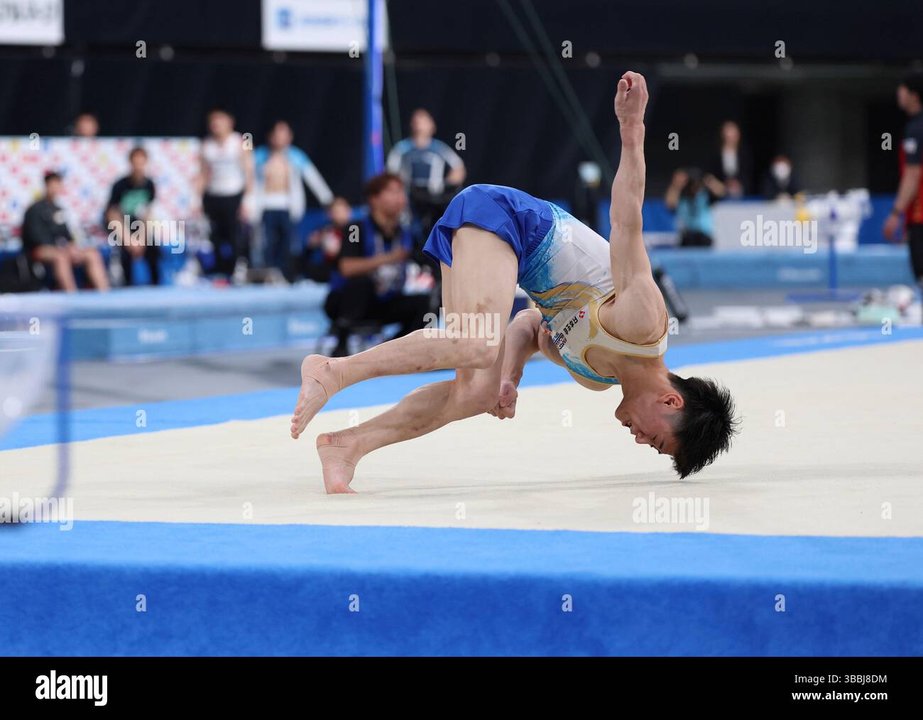 Daiki Hashimoto loses his balance during the floor of NHK Trophy Gymnastics Championships at ...