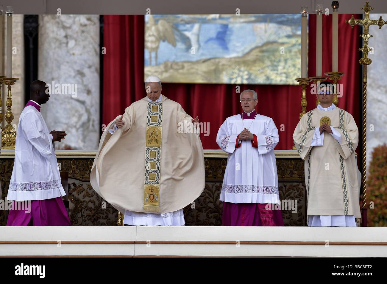 Pope Leo XIV (2l) during the Mass for the inauguration of his Pontificate in St. Peter's Square ...