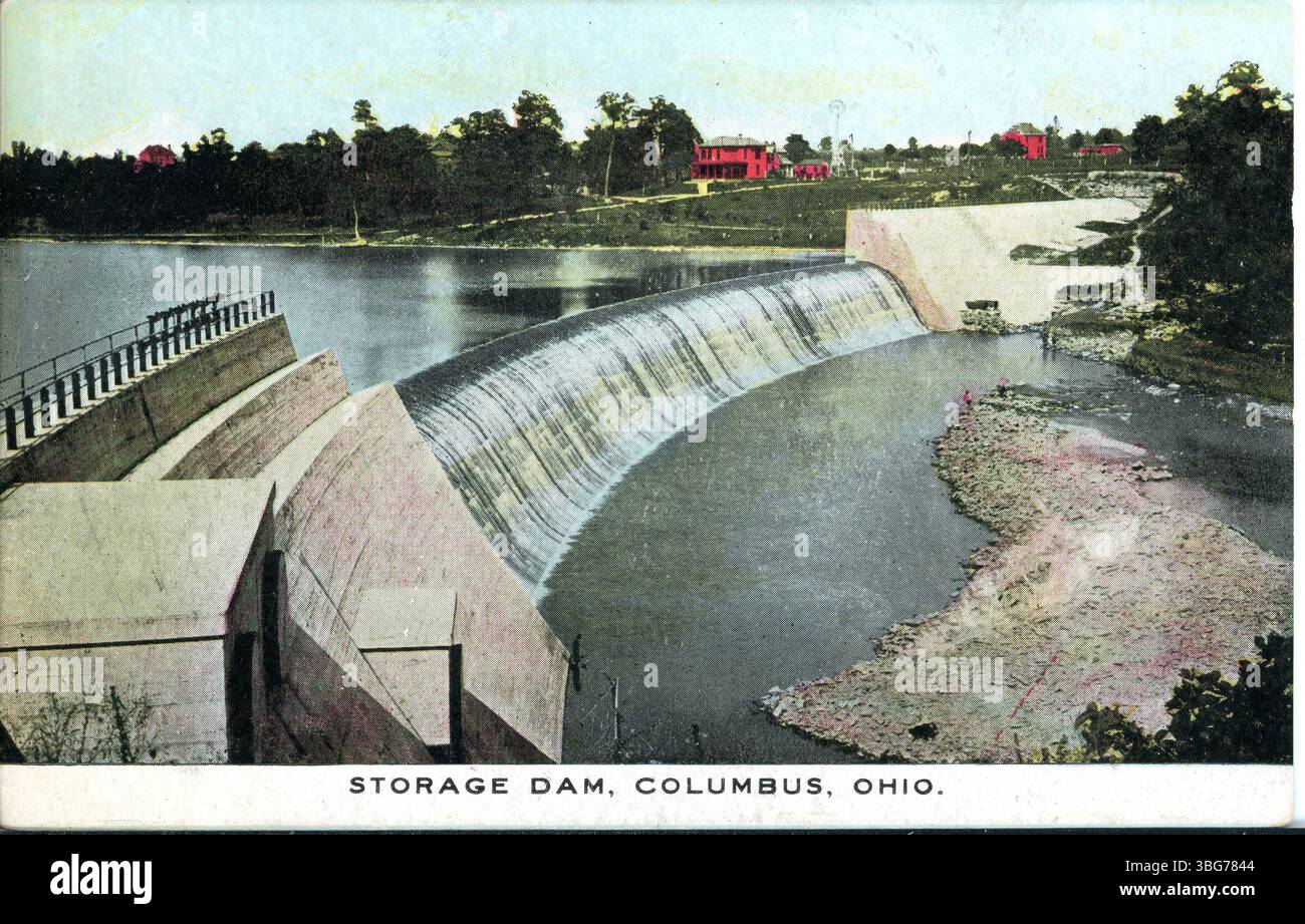 Eine farbige Postkarte, die den Staudamm in Columbus, Ohio, zeigt ...