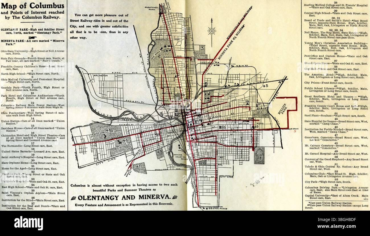Die Karte der Columbus Railway von 1900 zeigt Sehenswürdigkeiten ...