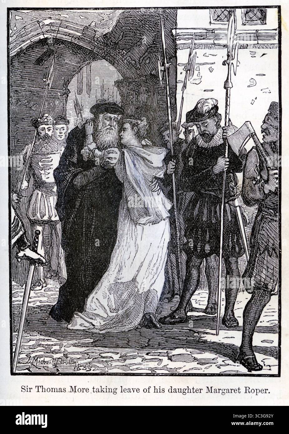 Gravur von Sir Thomas More, der sich von seiner Tochter Margaret Roper ...