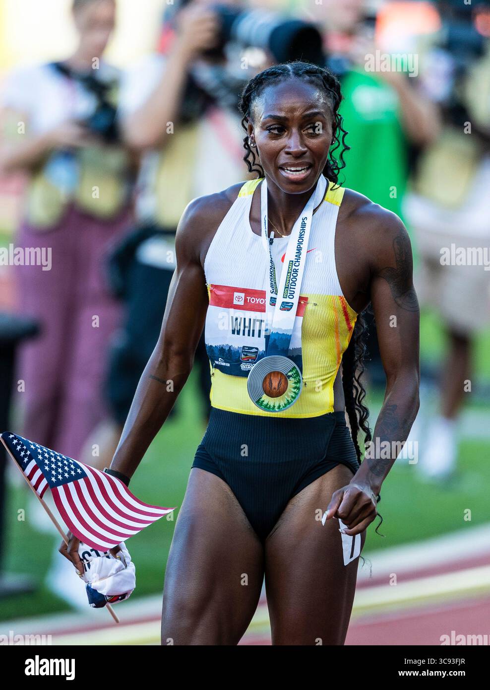1. August 2025 Eugene, ODER 100-Meter-Athletin Kayla White, reagiert ...