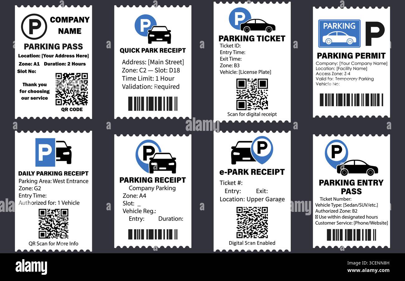 Vektorsammlung von Vorlagen für Parktickets und Belege mit QR-Codes und Barcodes, entwickelt für ...