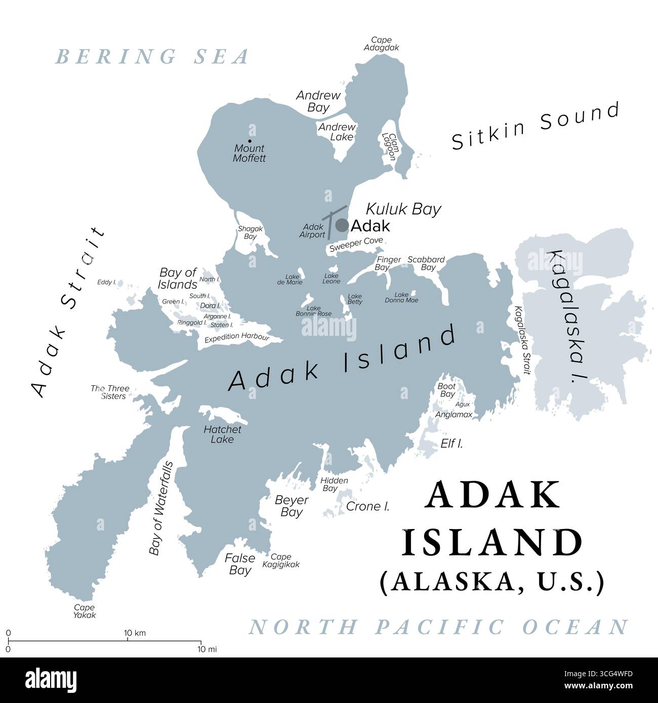 Adak Island, Alaska, USA, graue politische Karte. Auch Father Island ...