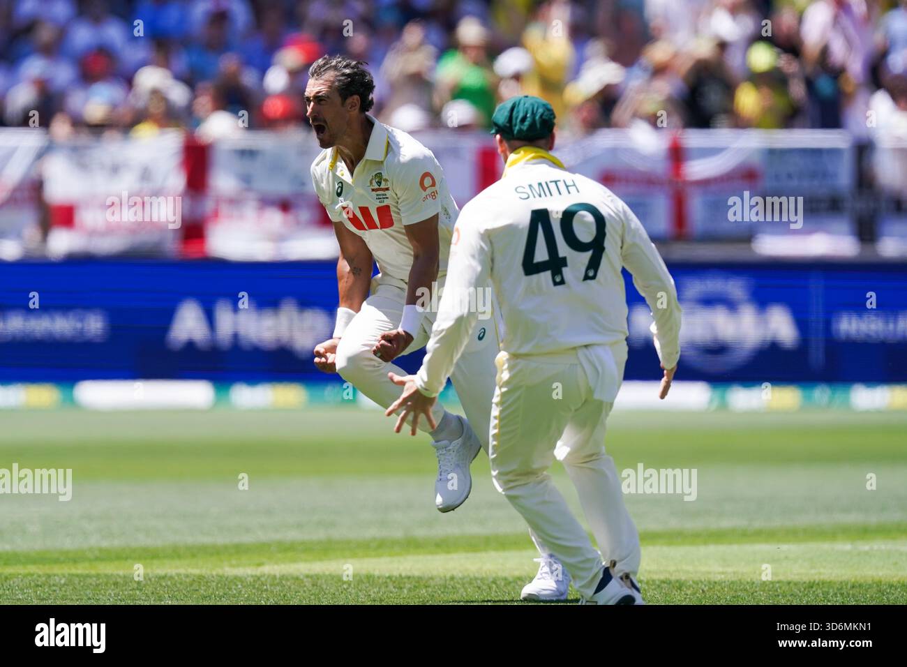 Der australische Mitchell Starc (links) feiert den Sieg des Englands ...