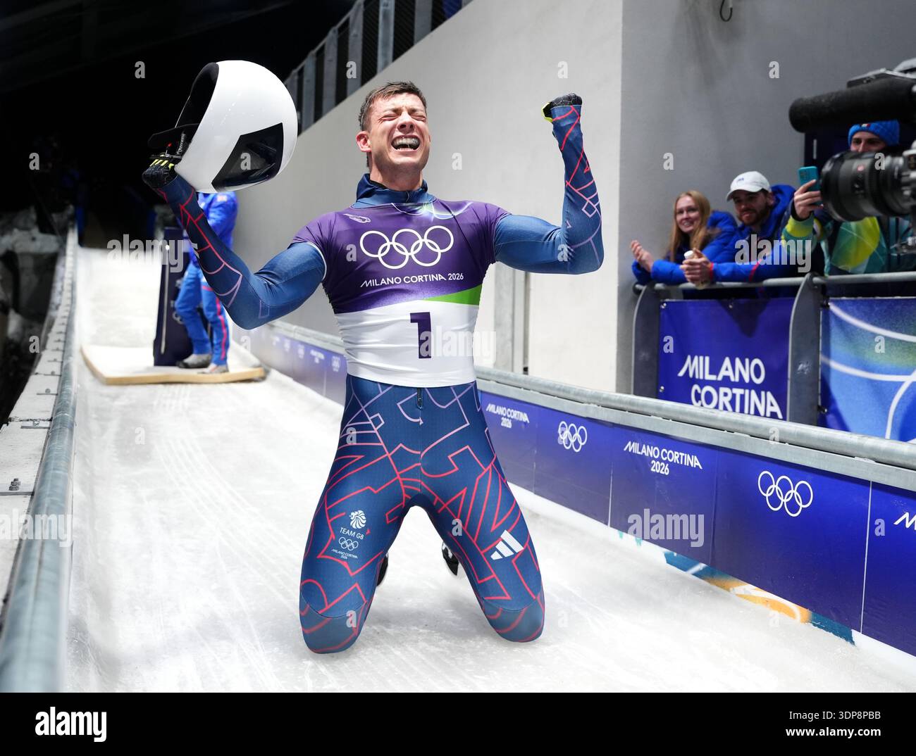 Der britische Matt Weston feiert am siebten Tag der Olympischen ...