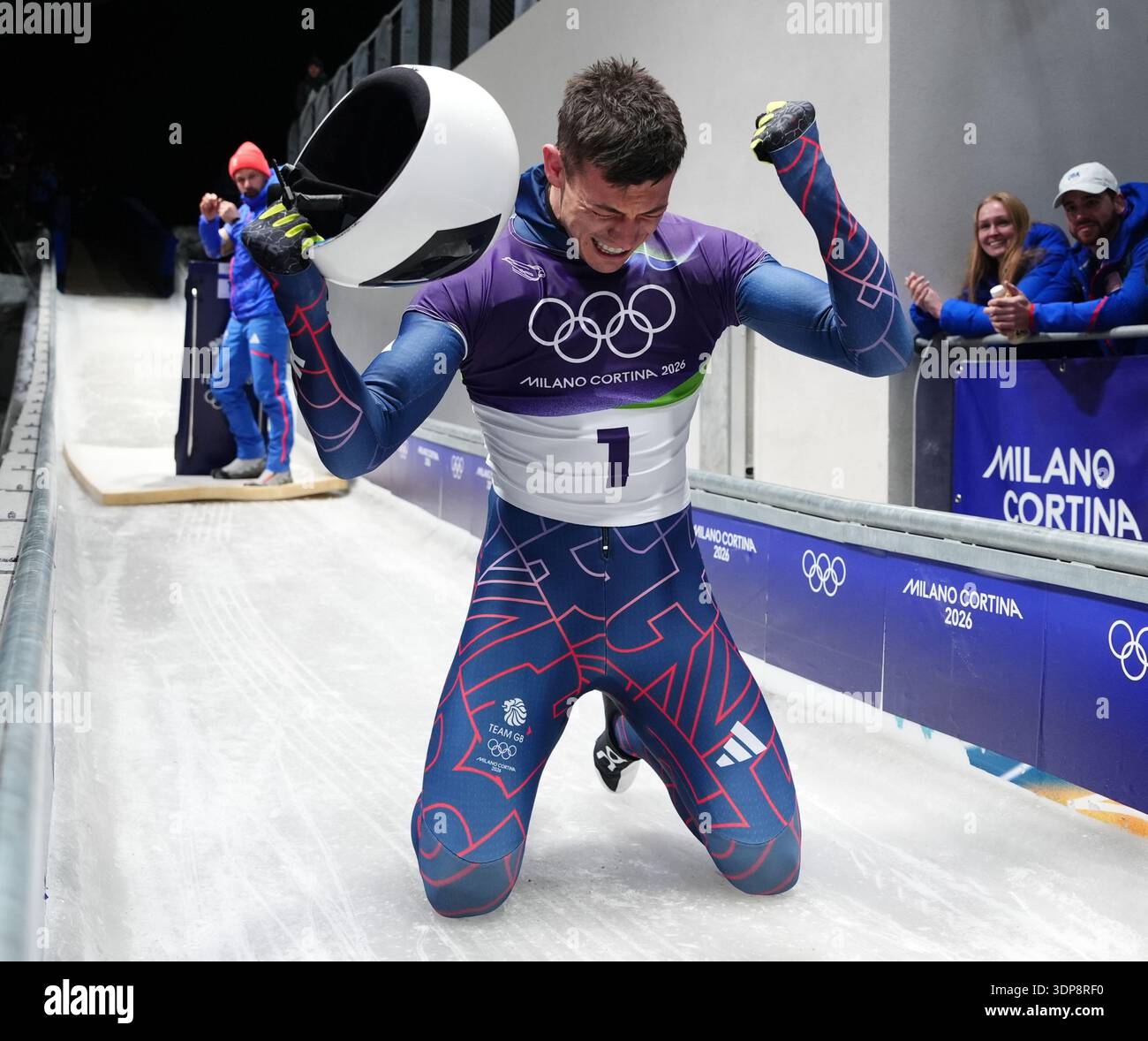 Der britische Matt Weston feiert am siebten Tag der Olympischen ...