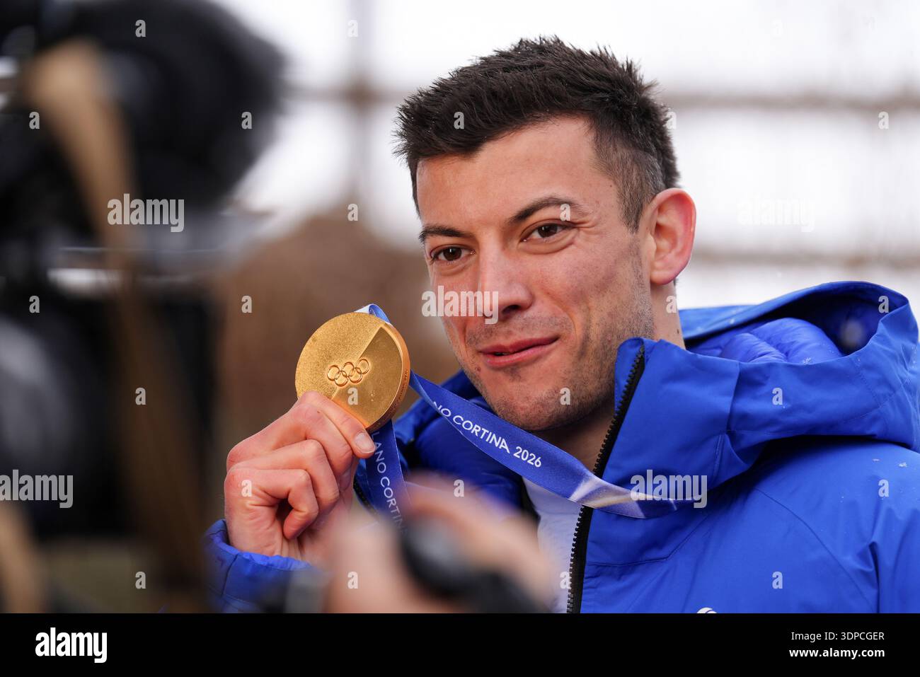 Der britische Skeleton-Goldmedaillengewinner Matt Weston in Cortina d ...