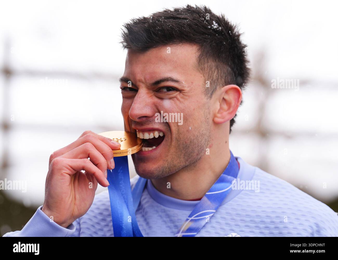 Der britische Skeleton-Goldmedaillengewinner Matt Weston in Cortina d ...